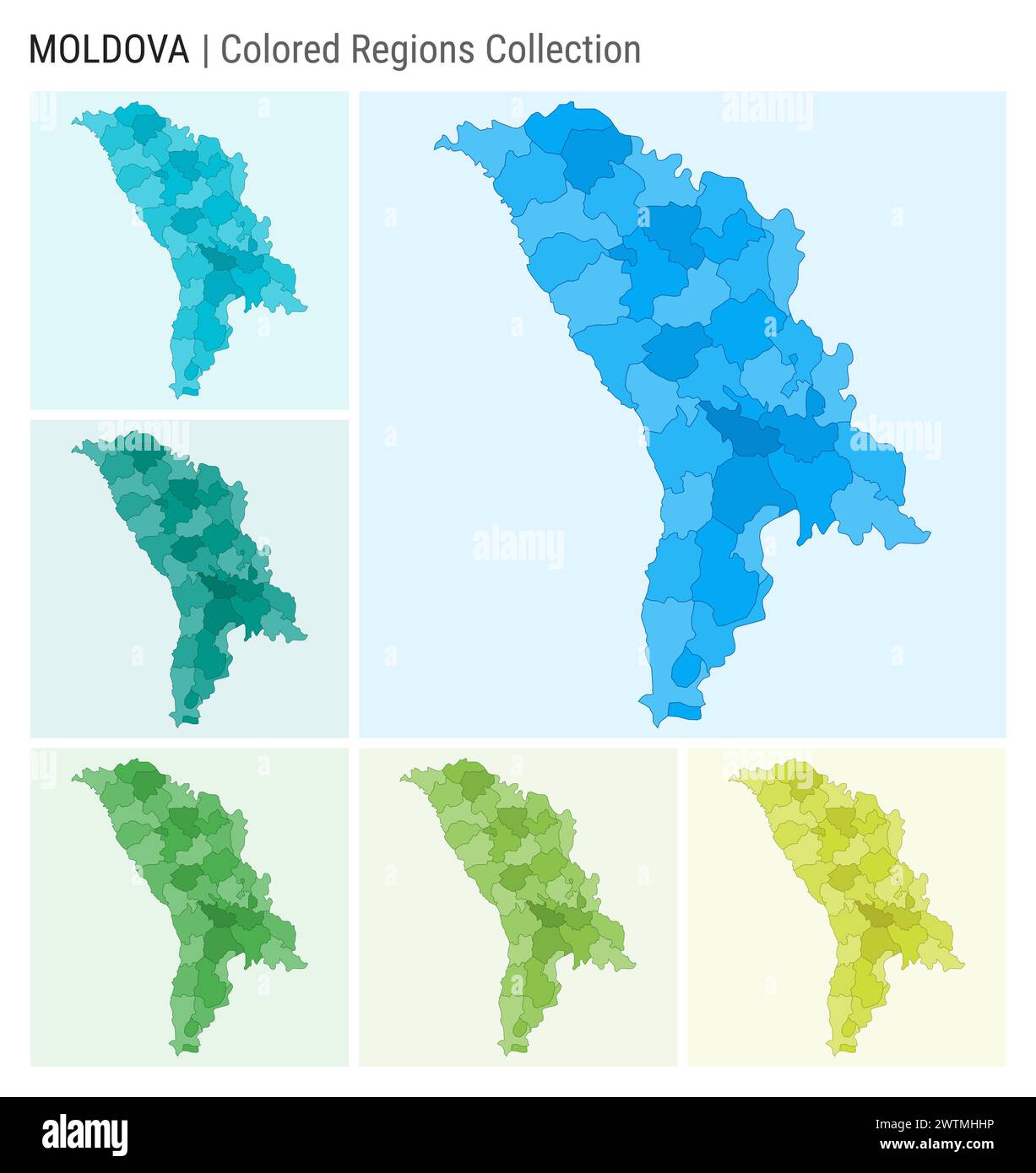 Moldova map collection. Country shape with colored regions. Light Blue ...