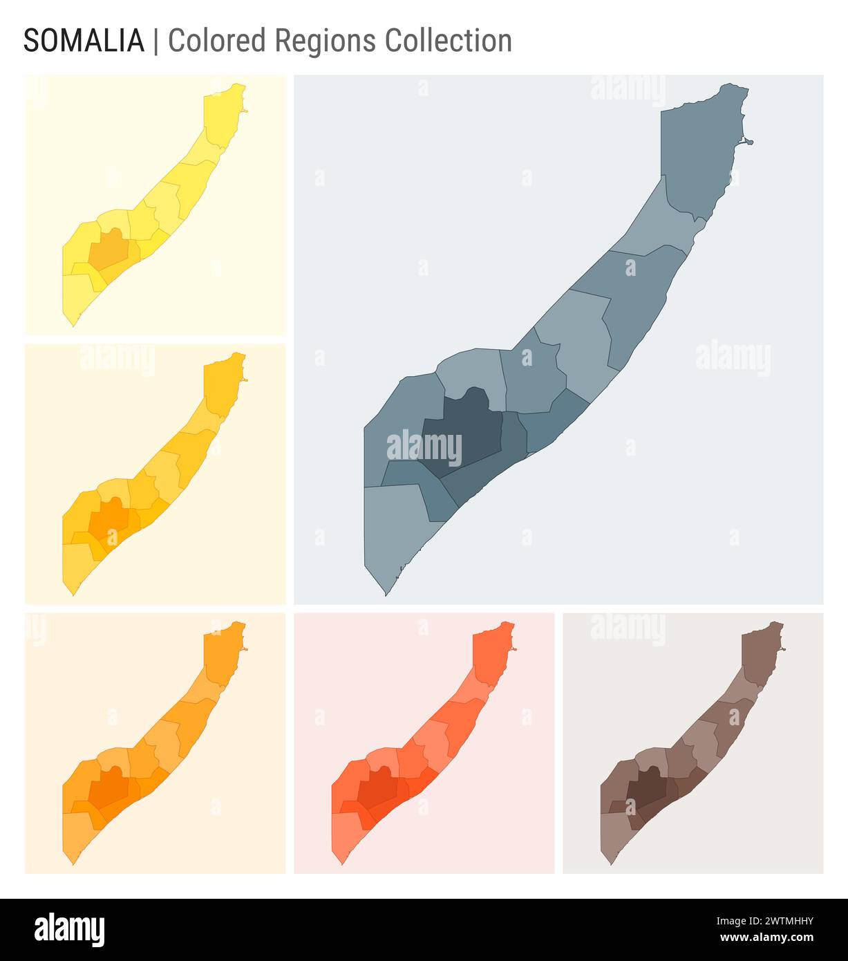 Somalia map collection. Country shape with colored regions. Blue Grey ...