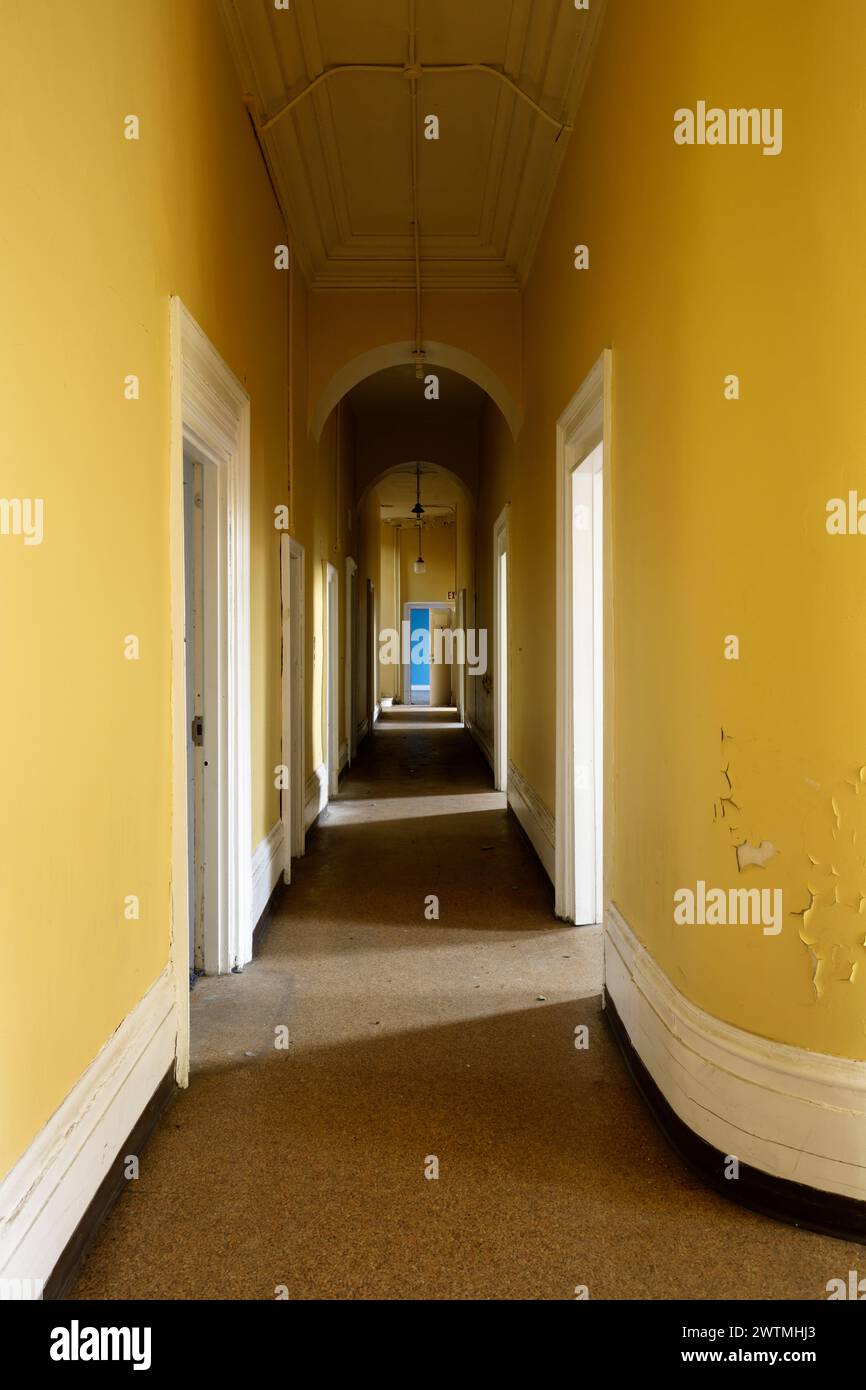 A long bright yellow hallway Stock Photo - Alamy