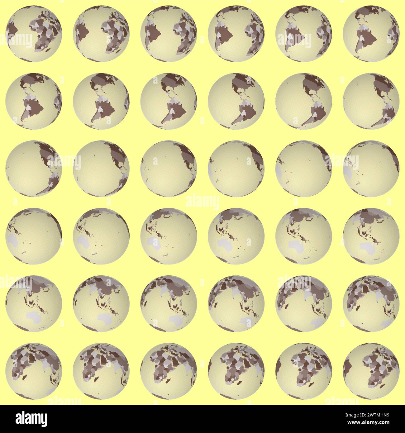 Collection of globes. Tilted sphere view. Rotation step 10 degrees ...