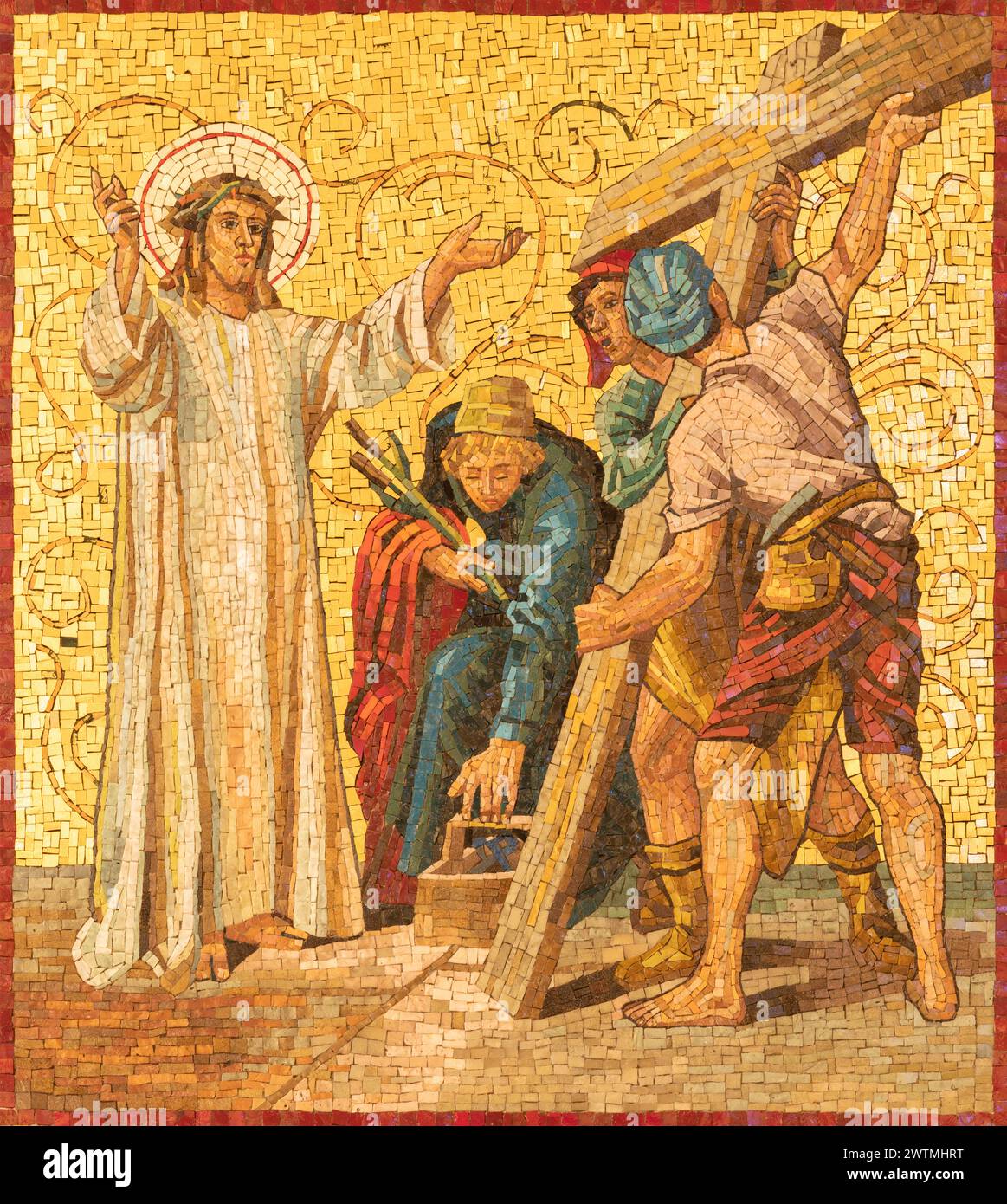 MILAN, ITALY - MARCH 4, 2024: The mosaic Jesus carries his cross as part of Cross way station in ...