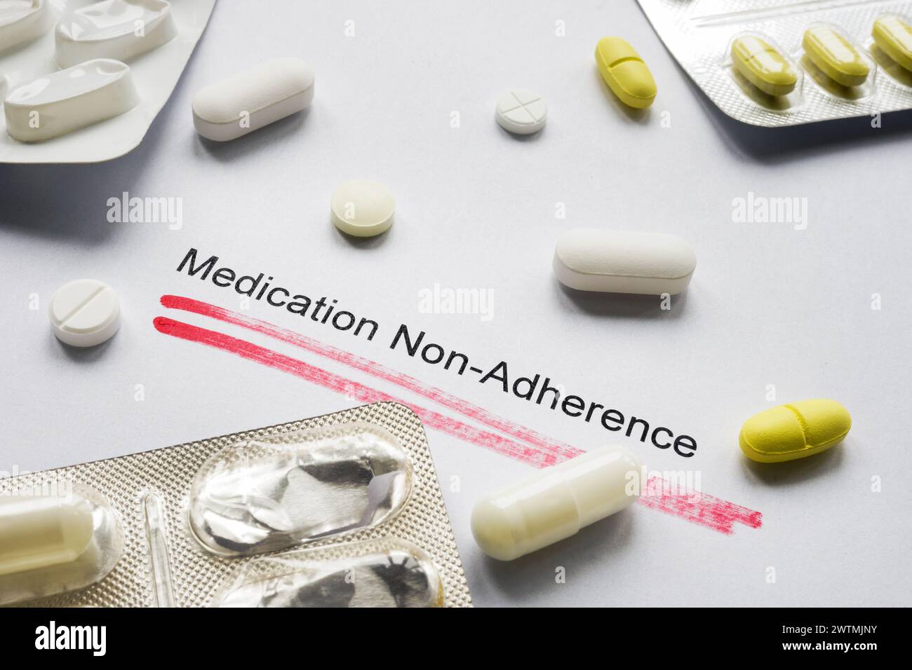A sheet of paper with an inscription Medication non-adherence and pills ...