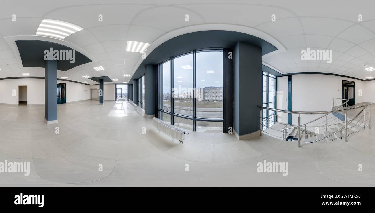 hdri 360 panorama view in empty modern hall with columns, doors and ...