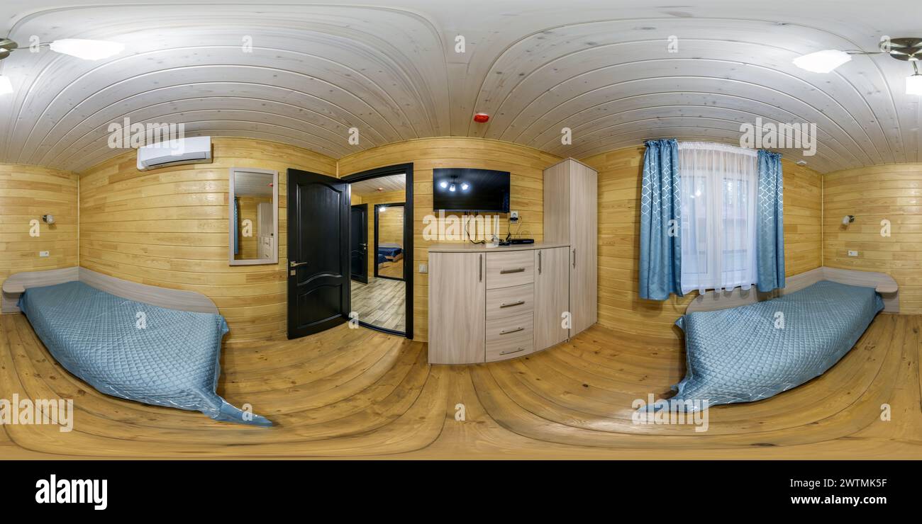 360 hdri panorama in interior of wooden eco bedroom in rustic style ...