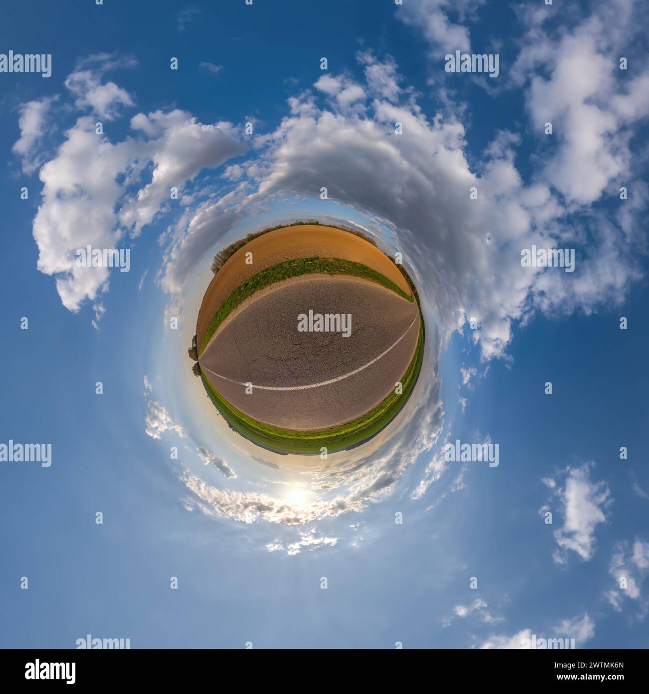 simple green tiny planet without buildings in blue sky with beautiful ...