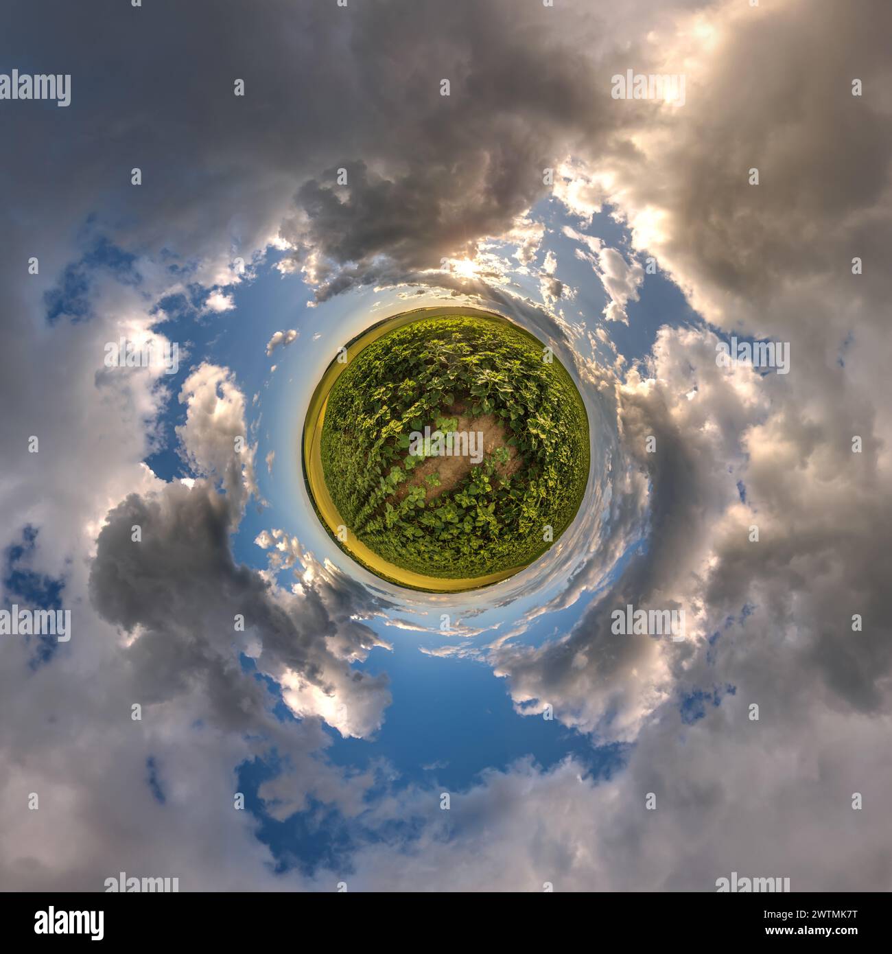simple green tiny planet without buildings in blue sky with beautiful ...