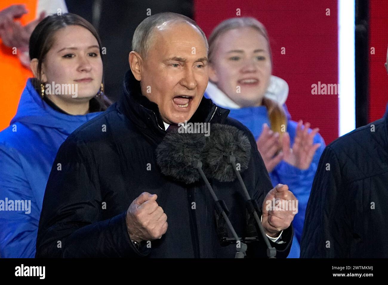 Russian President Vladimir Putin speaks at a concert marking his ...