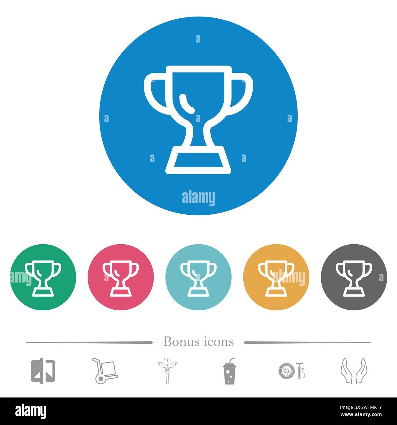 Trophy cup outline flat white icons on round color backgrounds. 6 bonus ...