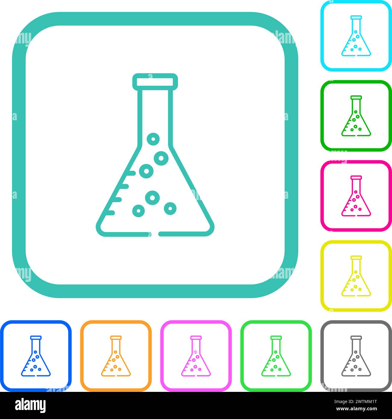 Lab flask with liquid outline vivid colored flat icons in curved ...