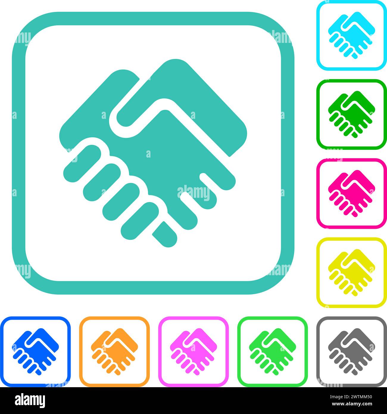 Handshake solid vivid colored flat icons in curved borders on white ...