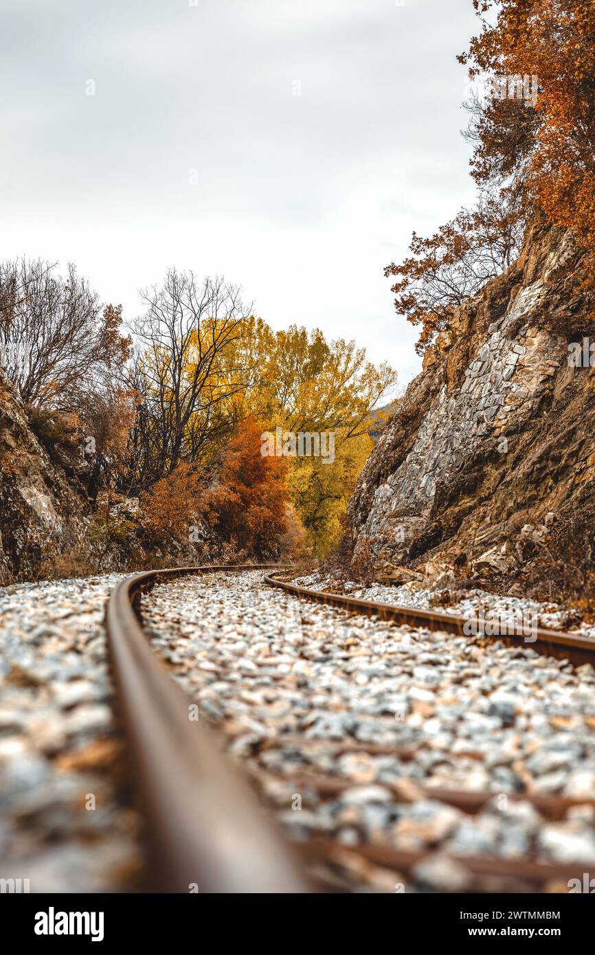 Railway track in the nature, mountains and yellow trees, gravel on the ...
