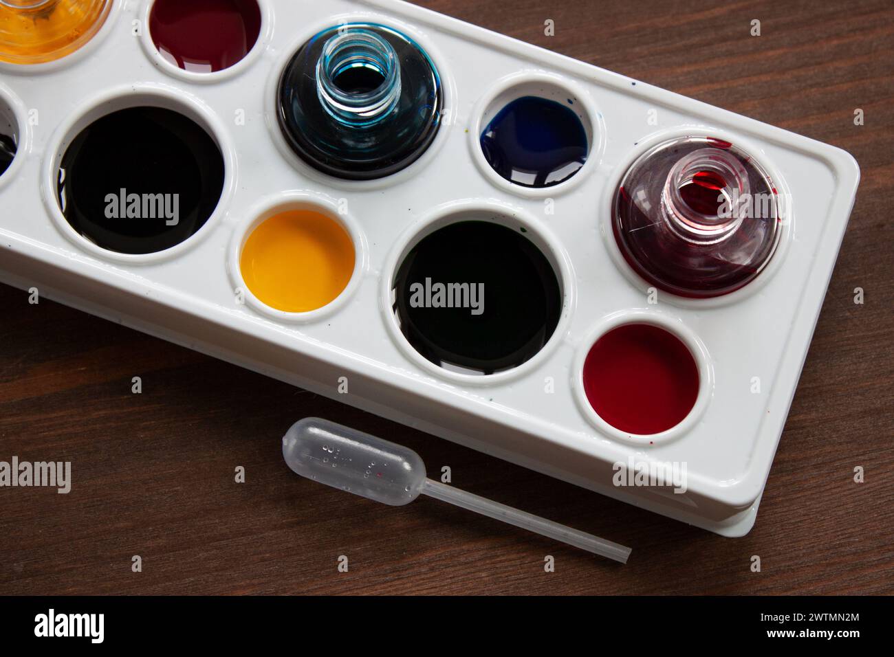 Watercolor paints, painter's pallet and pipette for mixing colors are ...