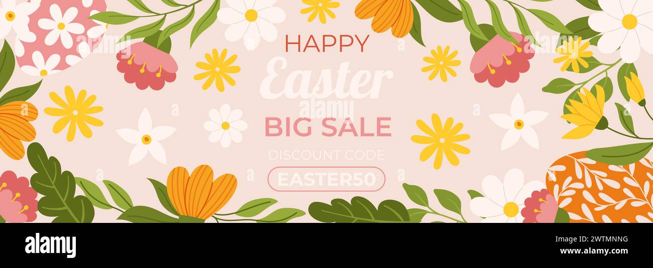 Happy Easter horizontal banner template. Design with hand painted eggs ...