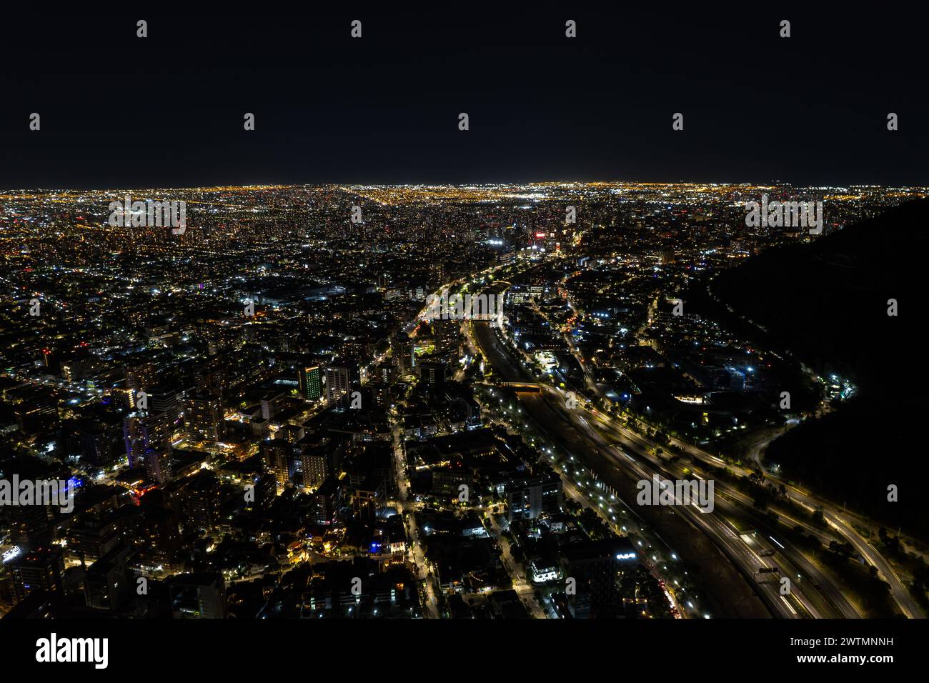Beautiful aerial Night view of the city of Santiago de Chile, is ...
