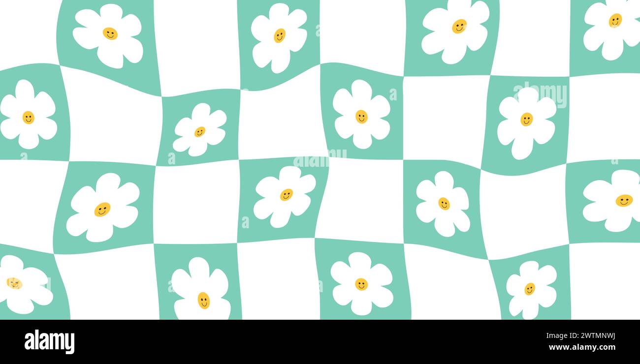 Groovy Wavy Checkerboard Pattern Large Square with Cute Flower In Green ...