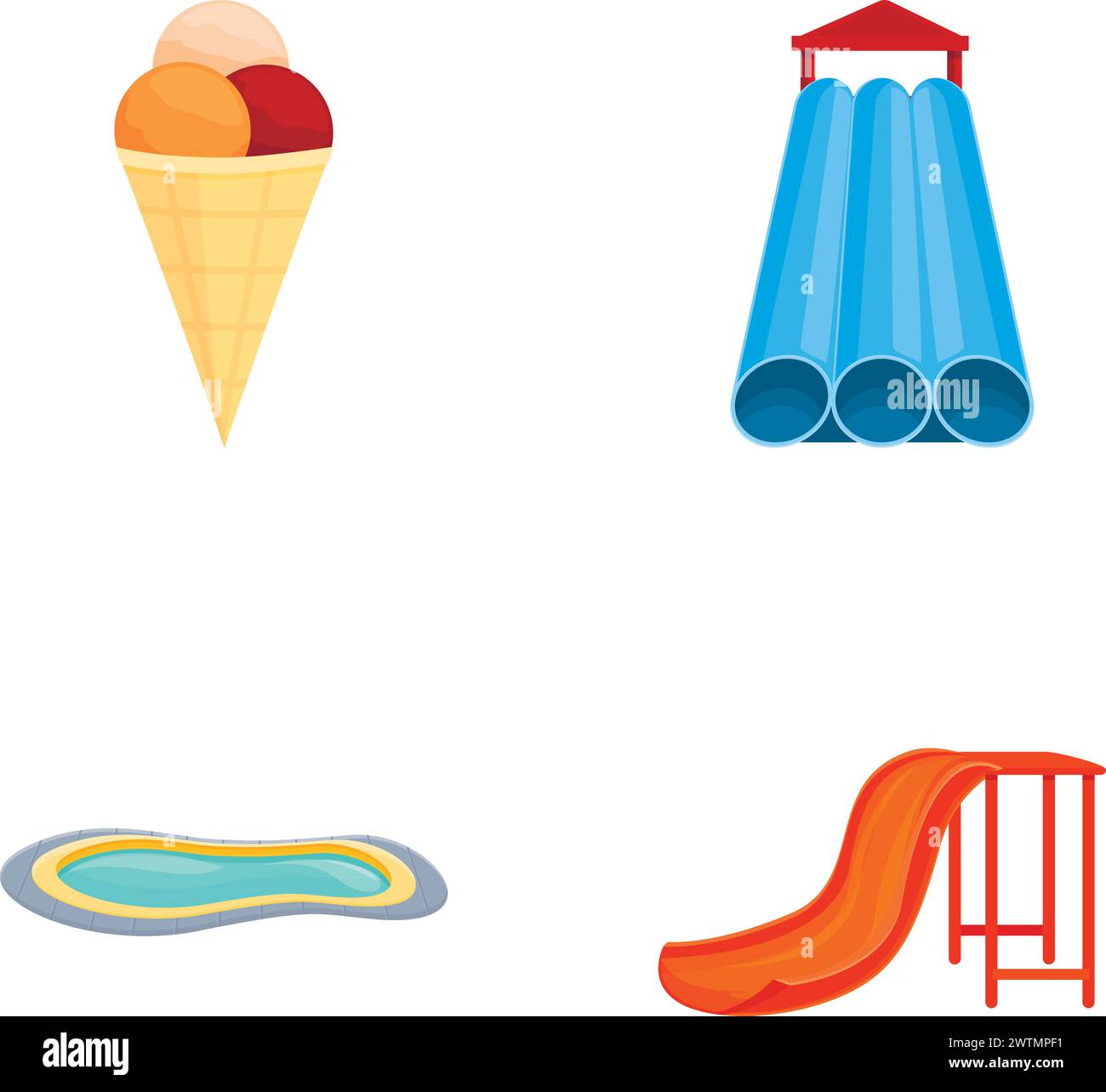 Aquapark rest icons set cartoon vector. Summer holiday in water park ...