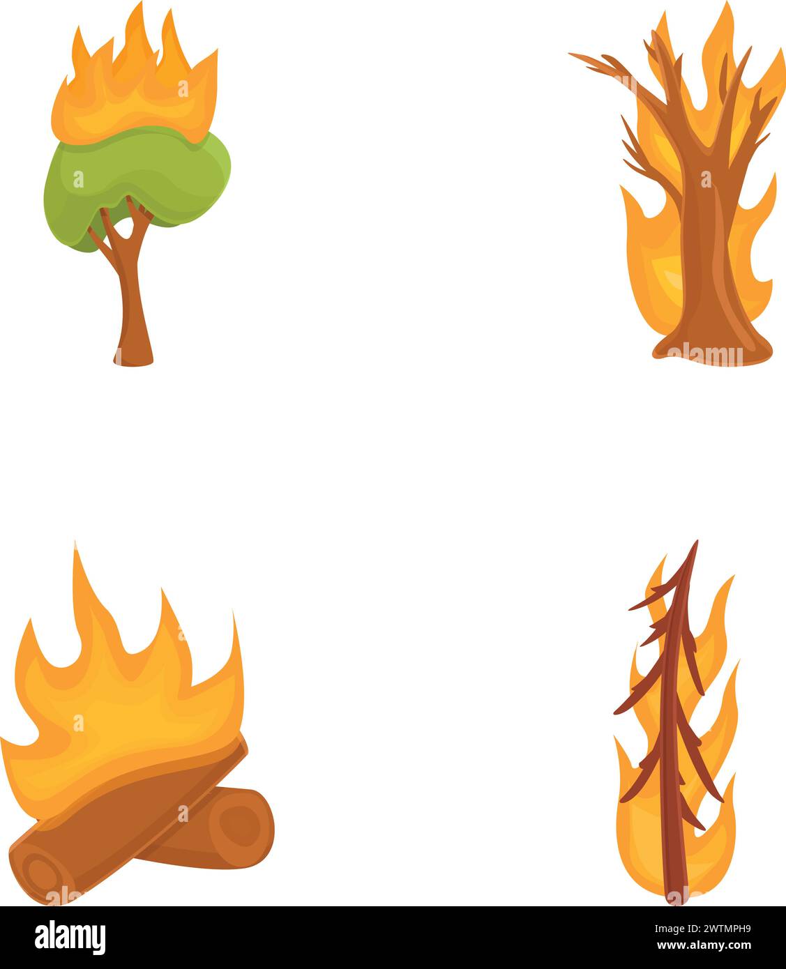 Burning tree icons set cartoon vector. Burning tree and bonfire. Forest ...