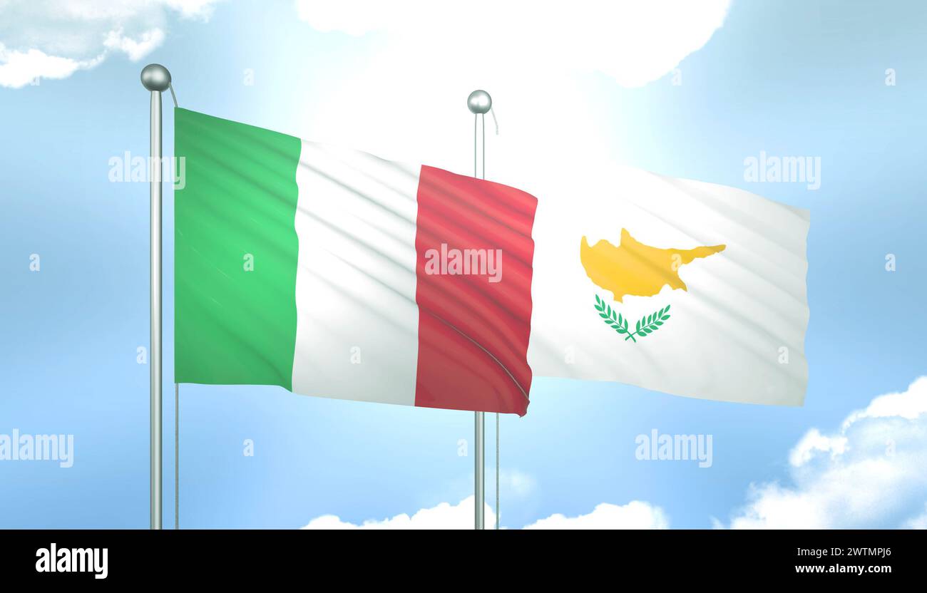 3D Flag of Italy and Cyprus on Blue Sky with Sun Shine Stock Photo - Alamy