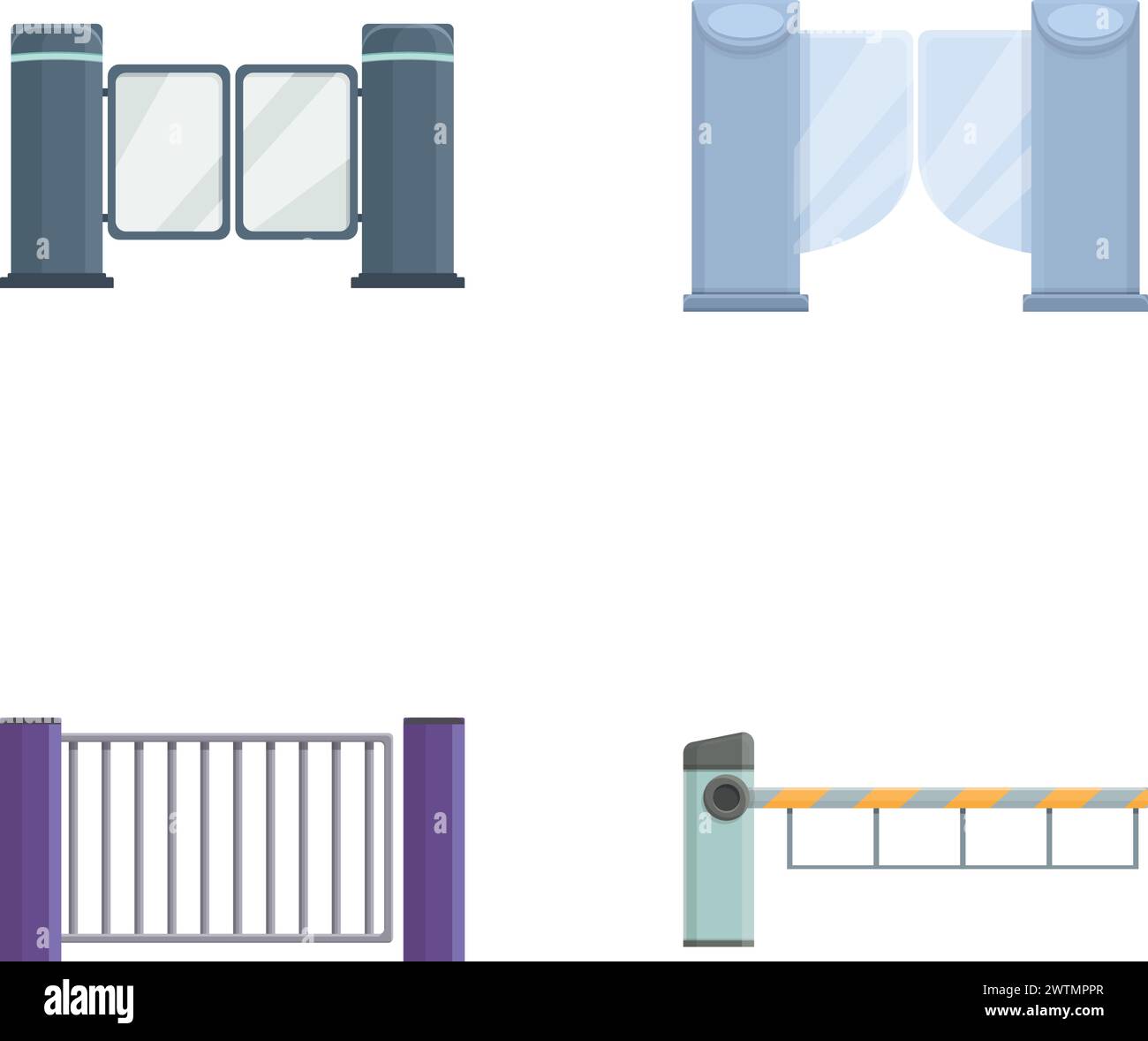 Gate icons set cartoon vector. Various type of automatic gate and ...