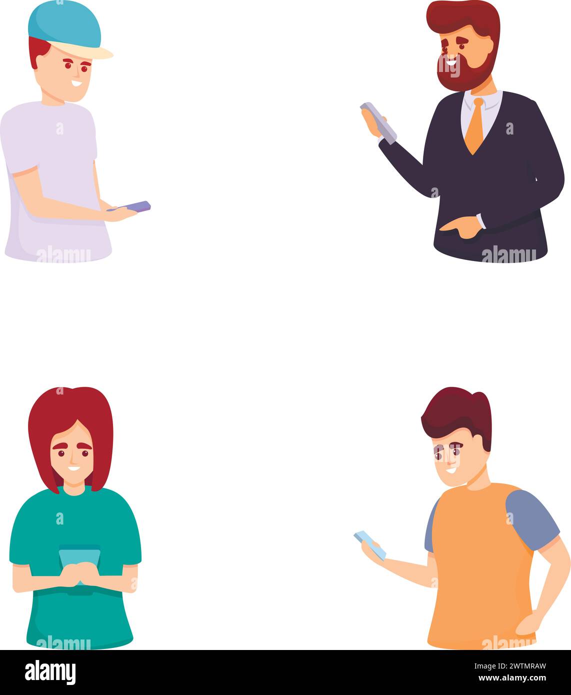 Smartphone user icons set cartoon vector. People looking at phone and ...