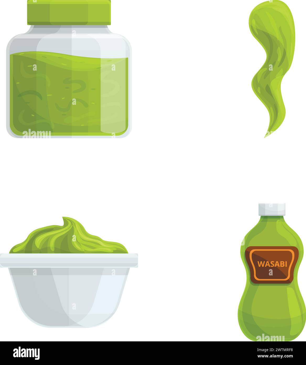 Wasabi icons set cartoon vector. Wasabi in bottle and bowl. Japanese ...