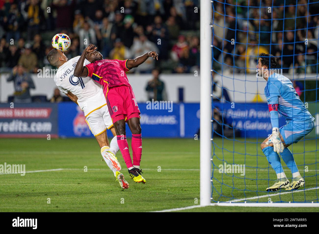 St. Louis City defender Joshua Yaro (15) challenges Los Angeles Galaxy ...