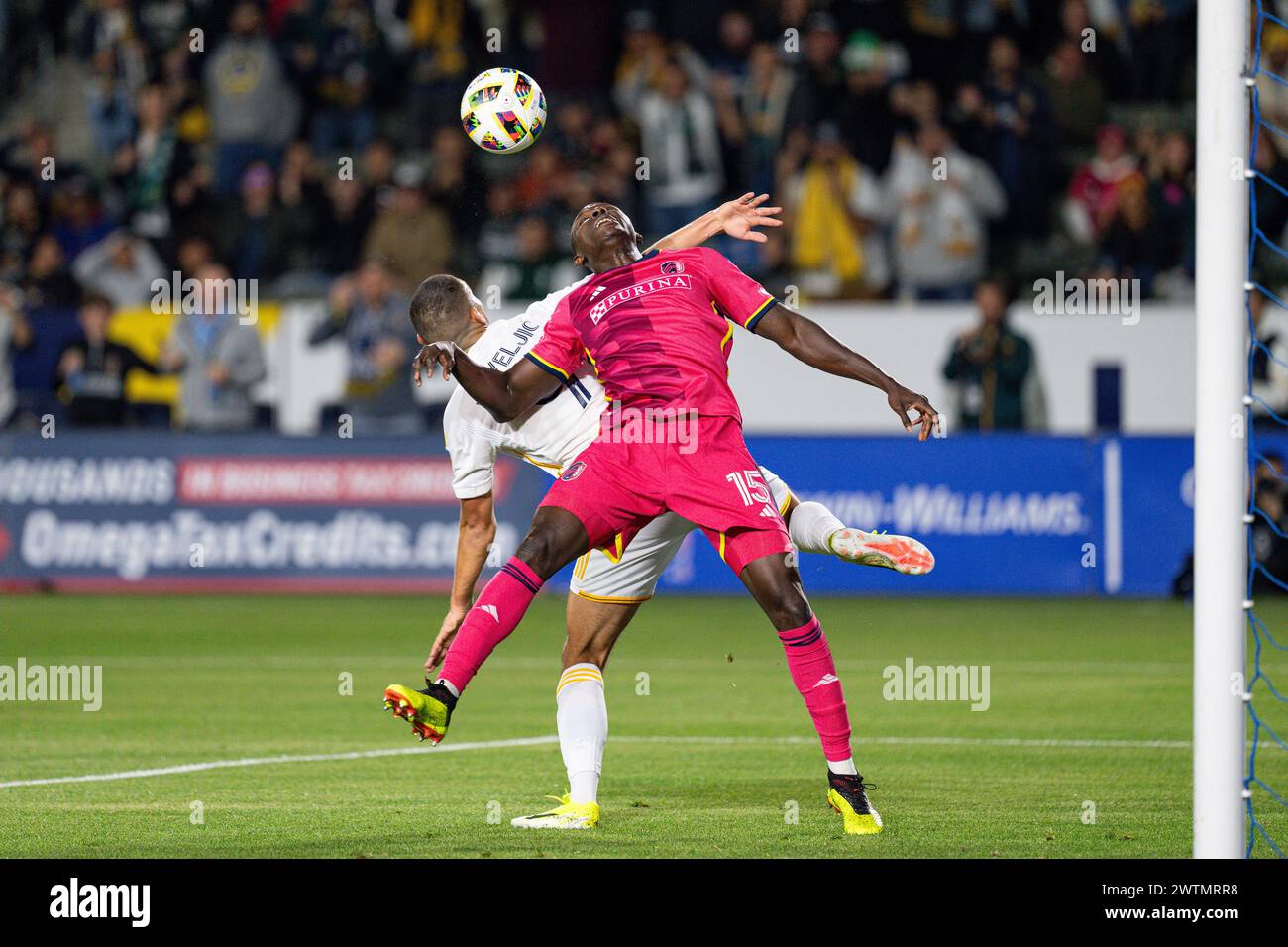St. Louis City defender Joshua Yaro (15) challenges Los Angeles Galaxy ...