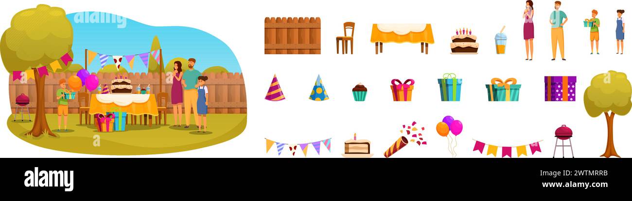 Birthday outside party icons set cartoon vector. Cake food. Family ...