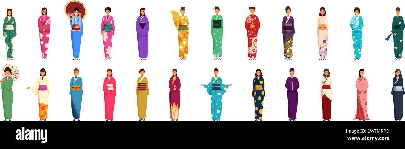 Young girl kimono icons set cartoon vector. Japanese woman. Traditional ...