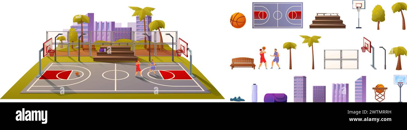 Street basketball court icons set cartoon vector. Outdoor city arena ...