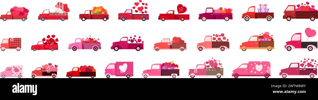 Valentine truck icons set cartoon vector. Pink heart day. Delivery car ...