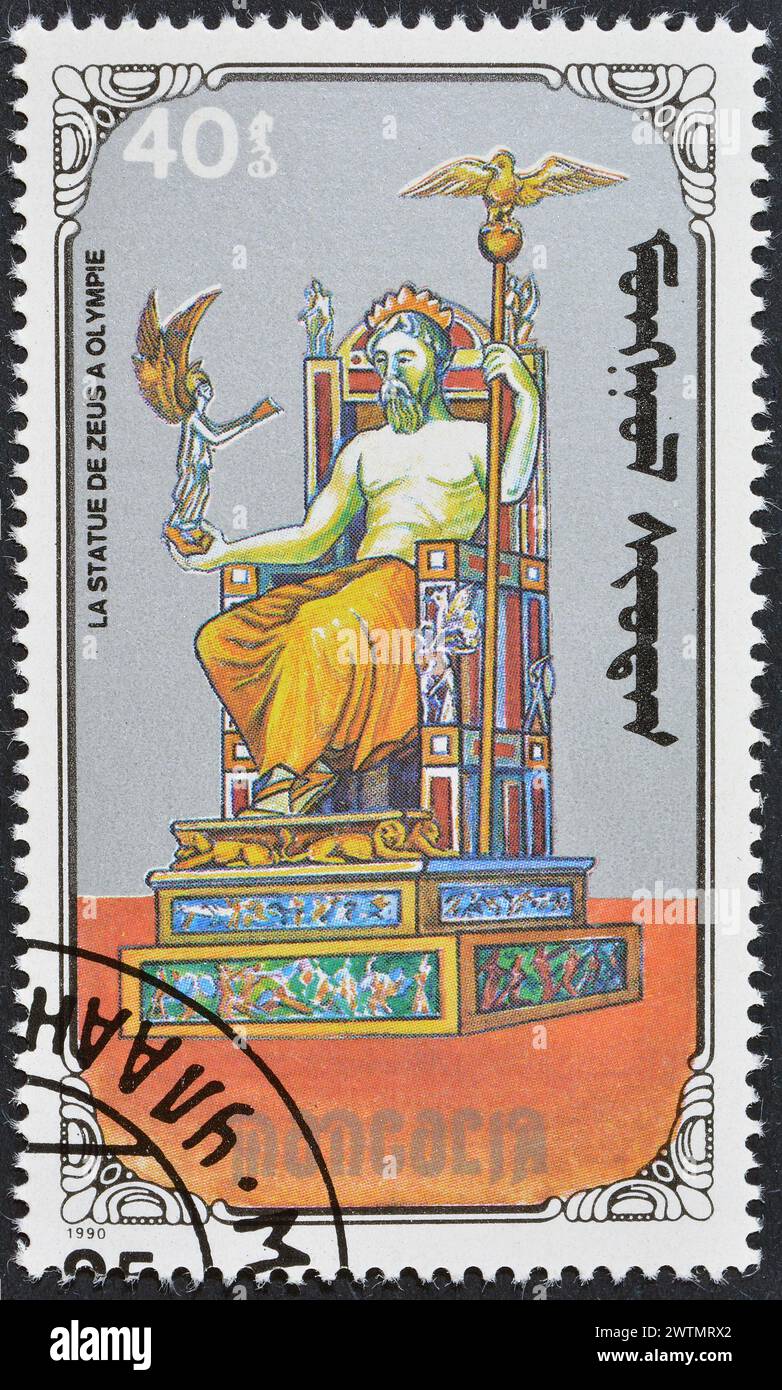 Cancelled postage stamp printed by Mongolia, that shows Statue of Zeus ...