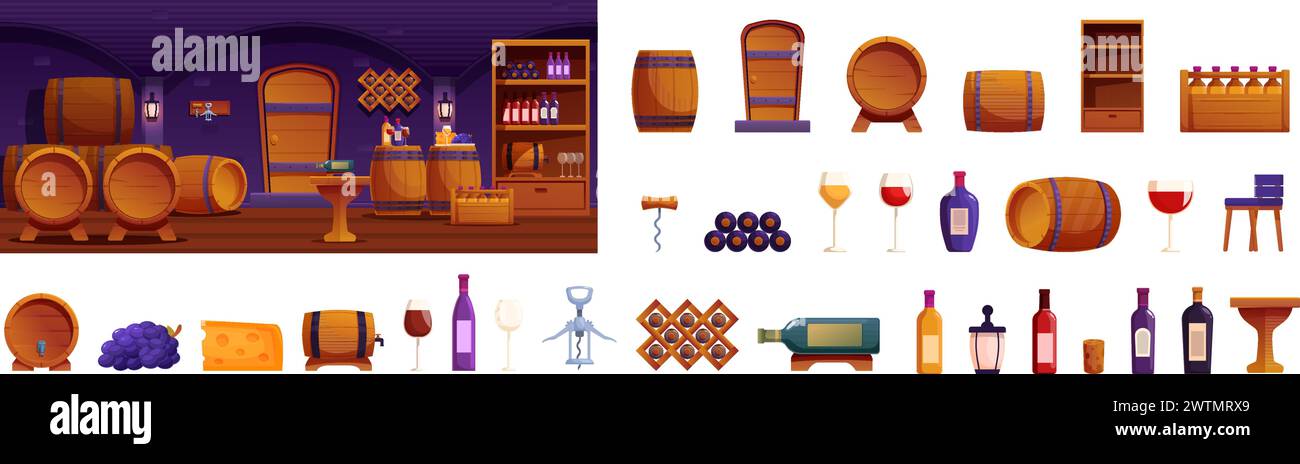Wine cellar interior icons set cartoon vector. Wooden barrel. Shelf ...