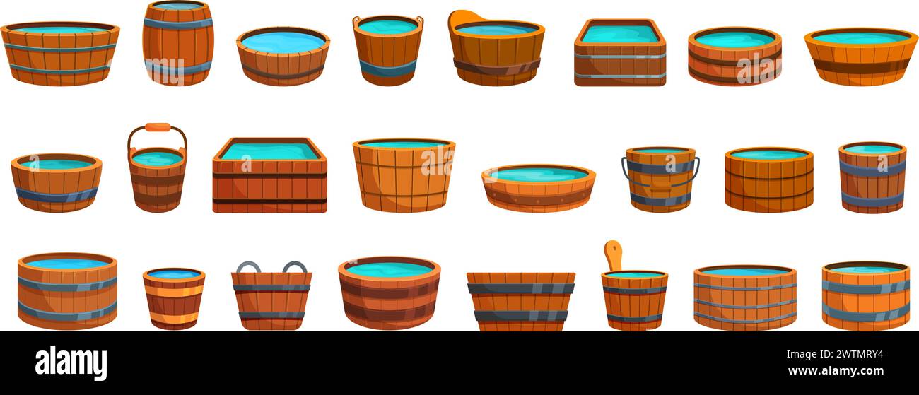 Wooden baths icons set cartoon vector. Interior bathroom. Care spa tub ...