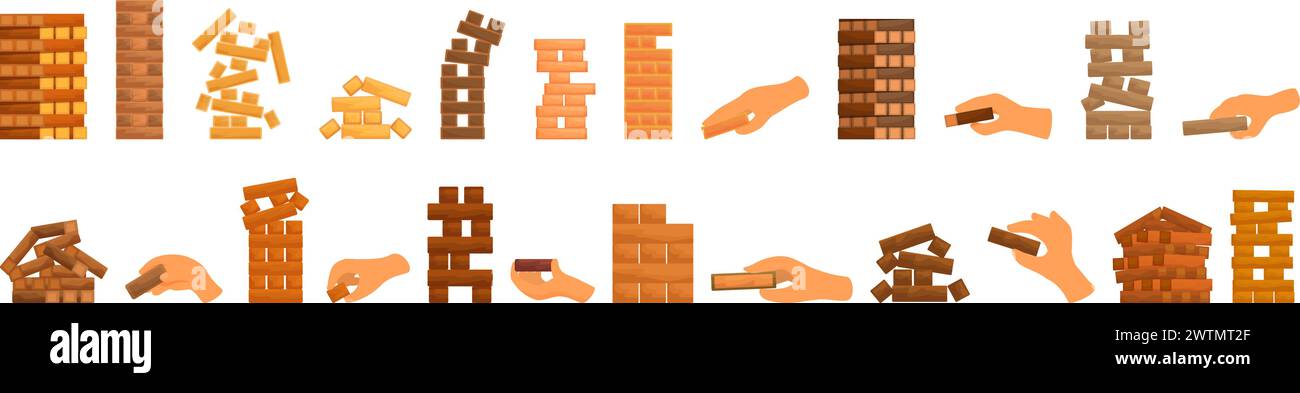 Wood stack balances game icons set cartoon vector. Hand tower. Block ...