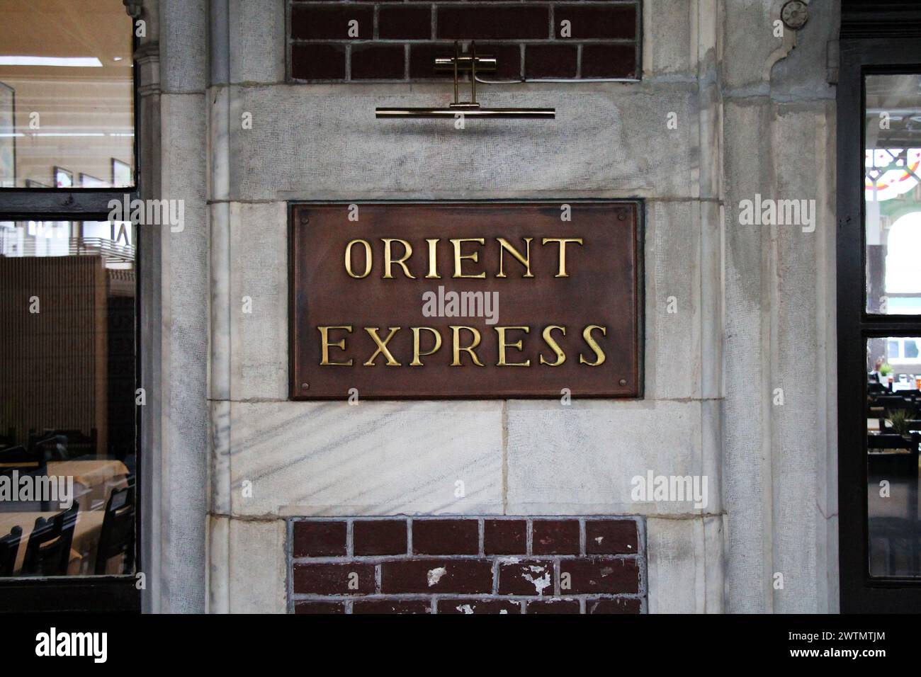 The sign of a famous restaurant "Orient express" in Istanbul train ...