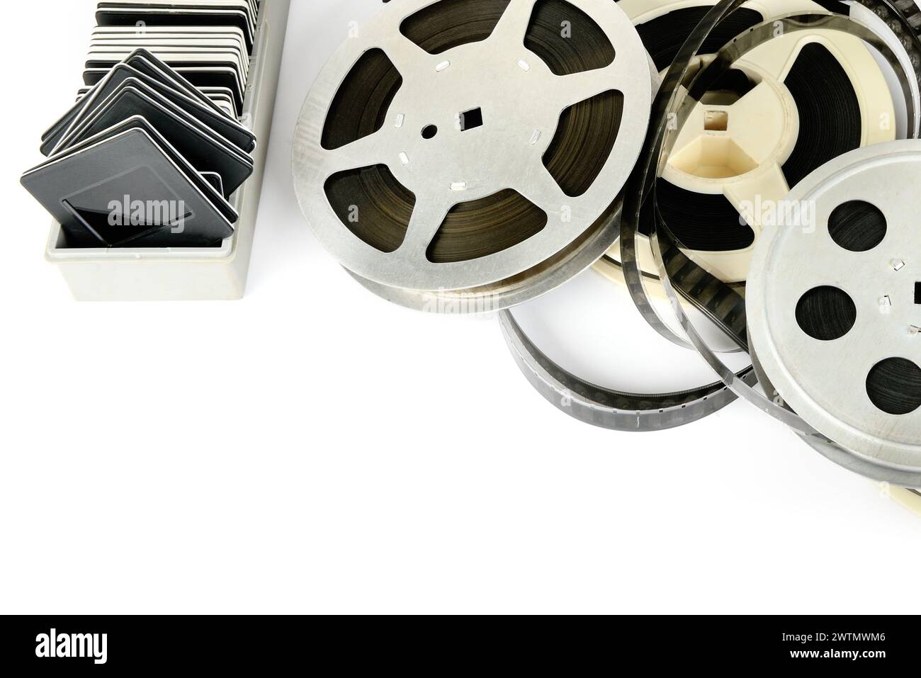 Set of reels with film strip isolated on a white background. Free space ...