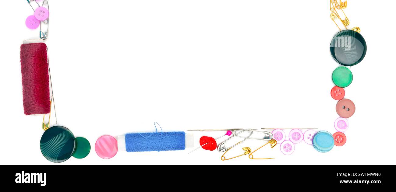 Sewing tools isolated on white background. Frame of items with empty ...