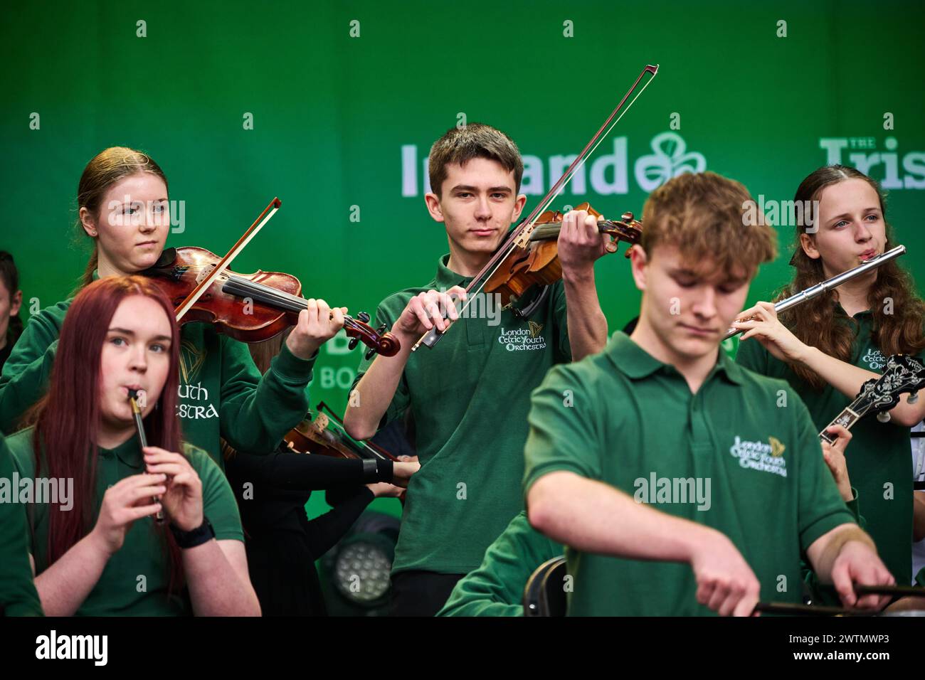 London, England, UK. 17th Mar, 2024. The London celtic youth orchestra performs during the St ...