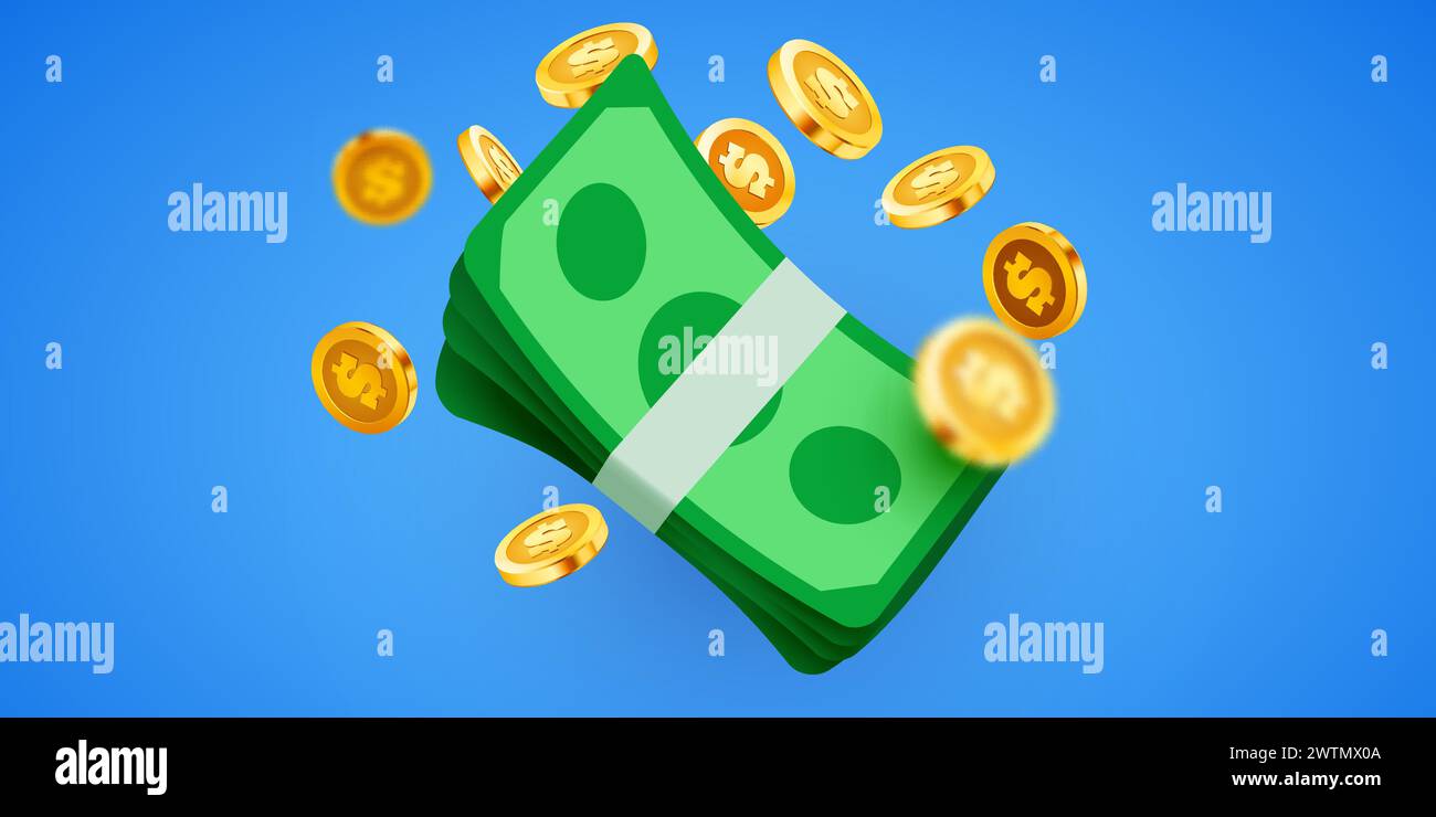 Cartoon money symbol. Wad of cash and flying coins. Vector illustration ...