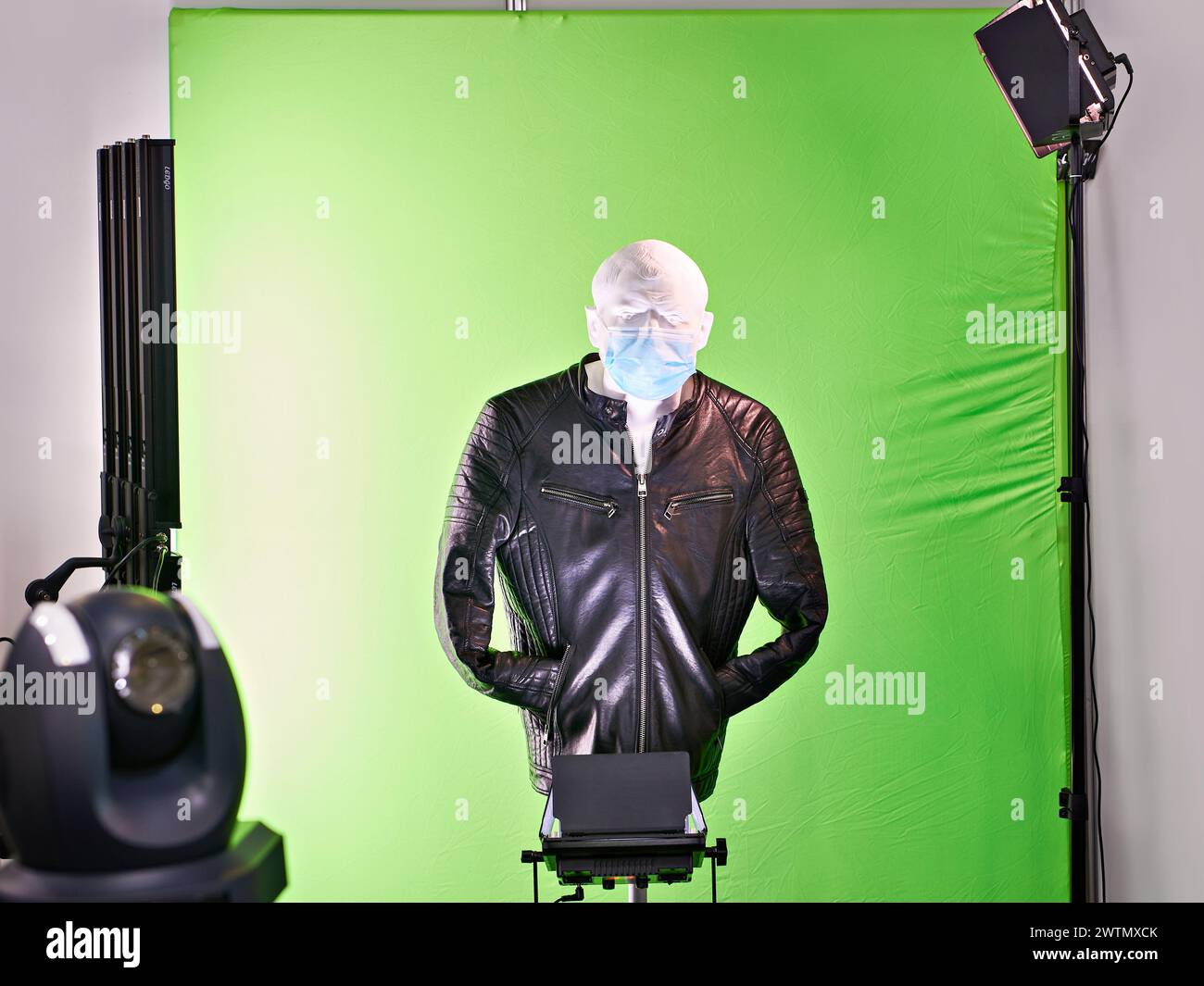 Mannequin in protective medical mask on green screen background chroma ...