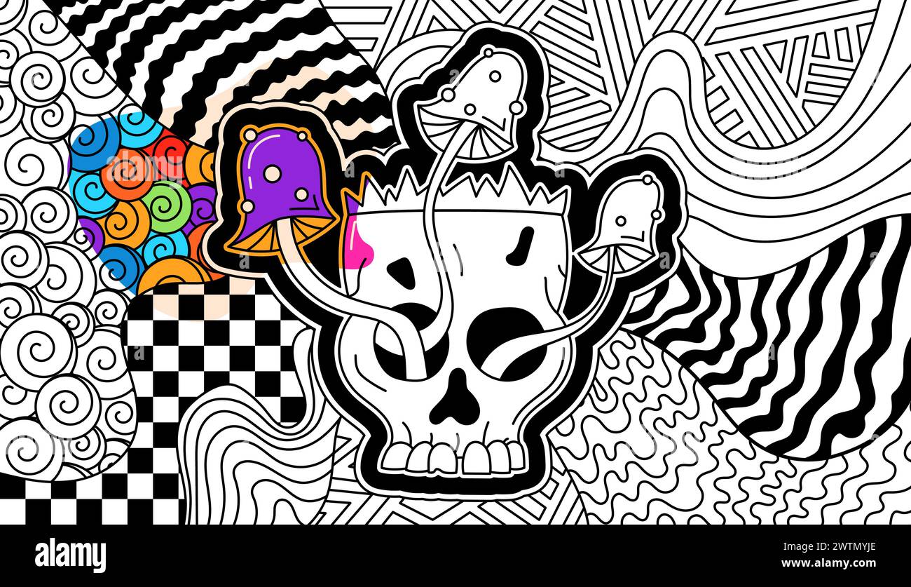 Coloring page for adults. Groovy scull and checkerboard. Zentangle ...