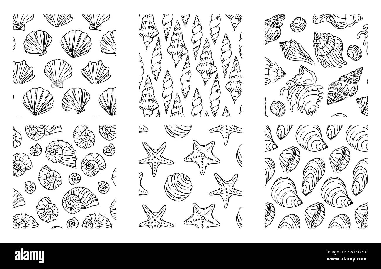 Set of seashells black and white seamless vector background. Vector ...