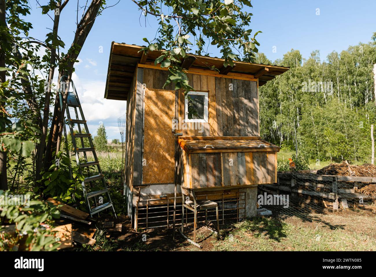 Rustic wooden chicken coop nestled in a lush green farm setting Stock ...