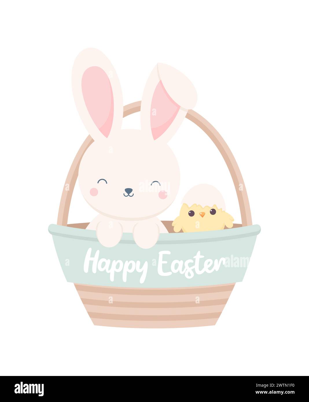 Cute bunny and chick sitting in Easter basket, isolated on white ...