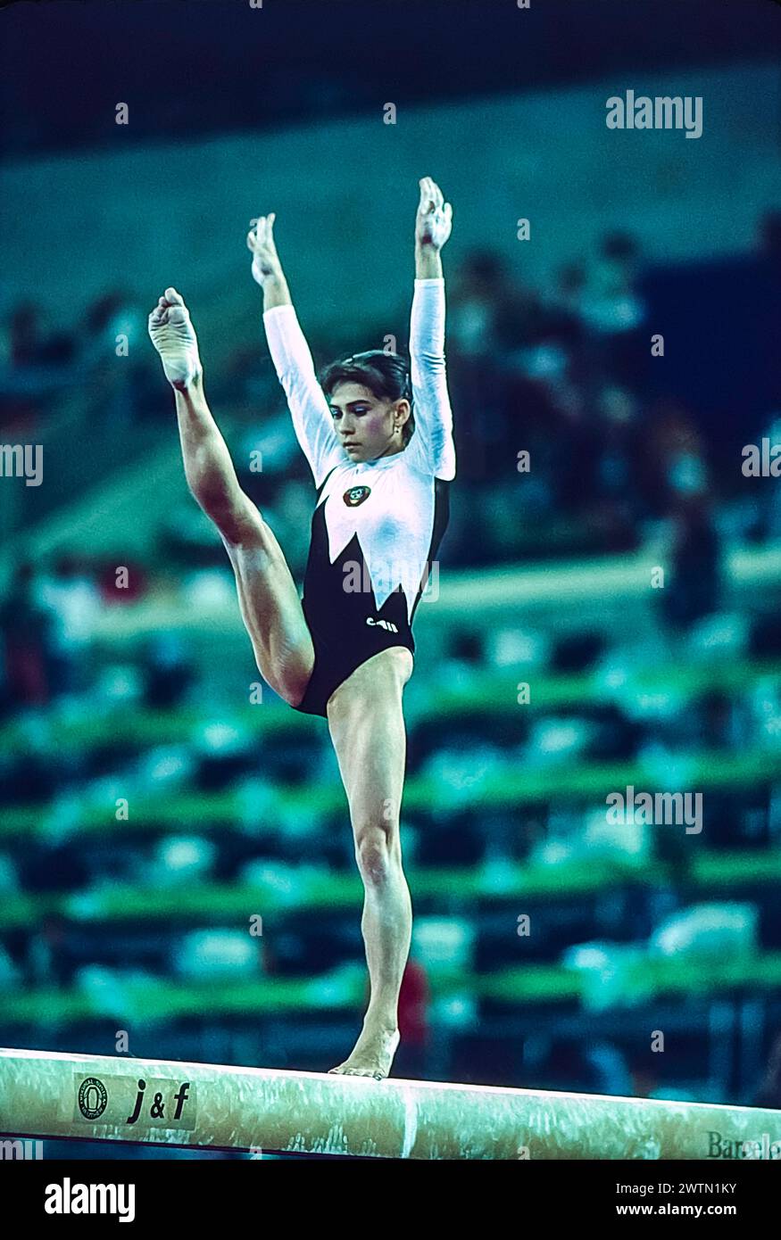 Oksana Chusovitina (EUN) competing in the women's artistic team all-around gymnastics at the ...