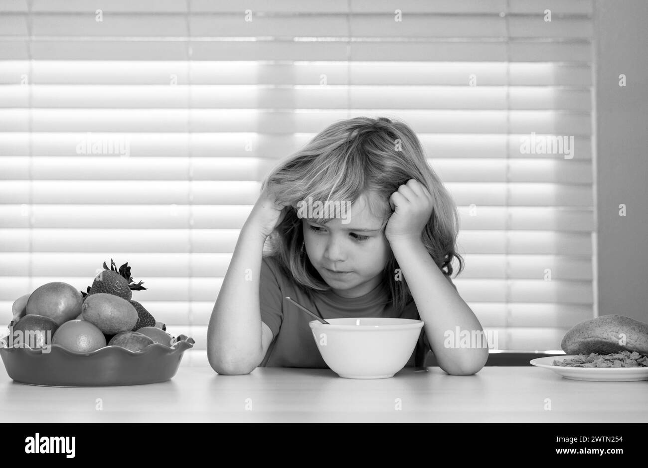Portrait of kid with no appetite. Concept of loss of appetite. Portrait ...