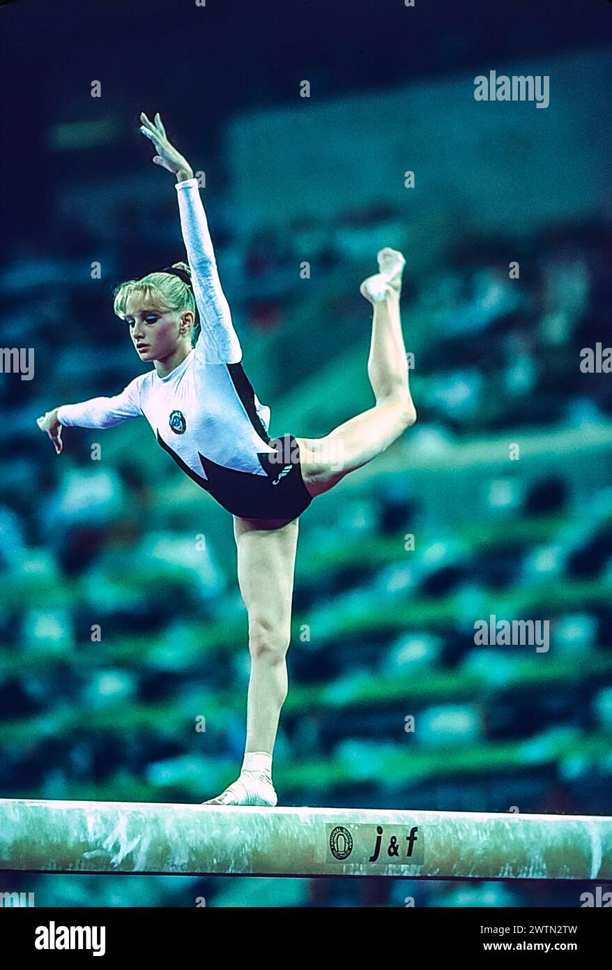 Tatiana Gutsu (EUN) competing in the women's artistic team all-around ...