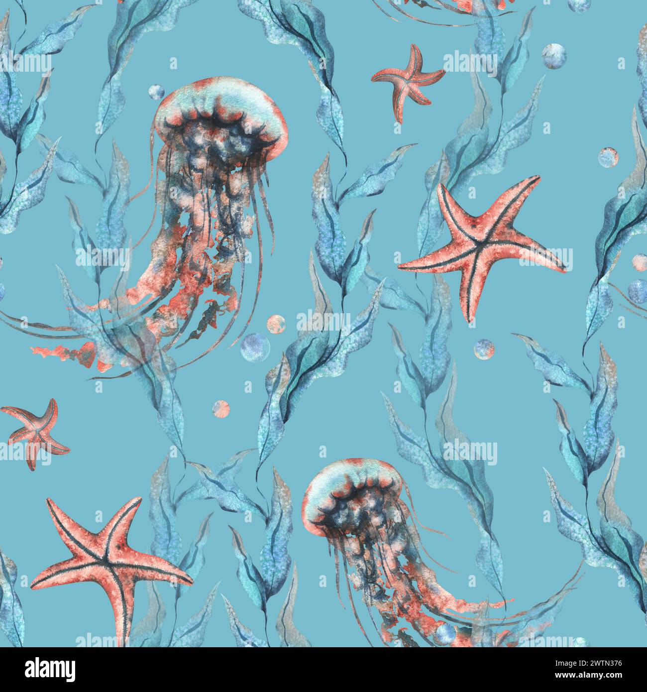 Underwater world clipart with sea animals jellyfish, starfish, bubbles ...