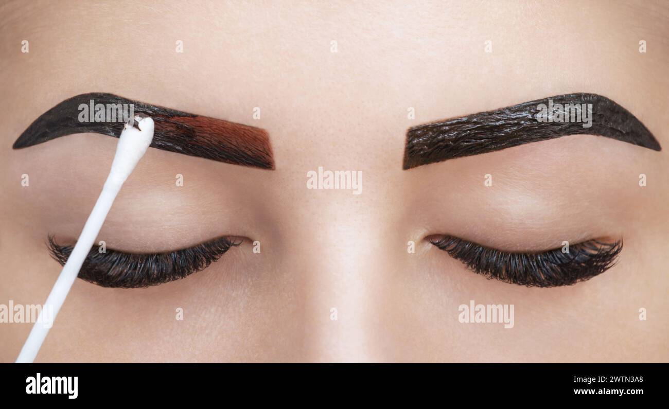 makeup artist applies paint henna on eyebrows in a beauty salon ...